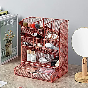 Spacrea Pen Holder Desk Organizer - Desk Organizers and Accessories, Pencil Holder with 10 Compartments and 1 Drawer（Rose Gold）