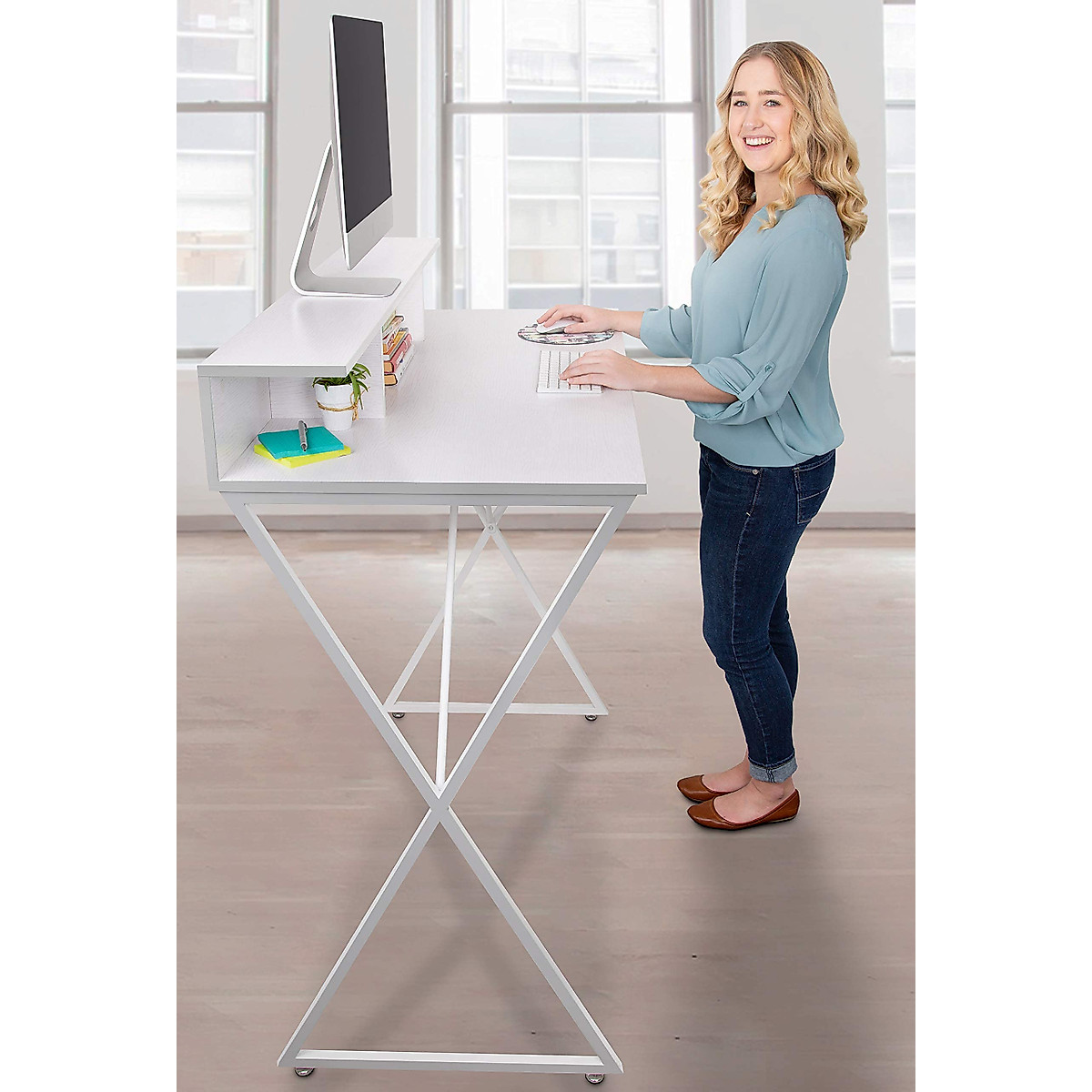 Stand Steady Joy Standing Desk | Pretty Standing Desk with Shelf & Built-in Storage Cubbies | Modern Stand Up Workstation | Tall Desk & Reception Table for Home, Dorm & Office (White / 48in x 42in)
