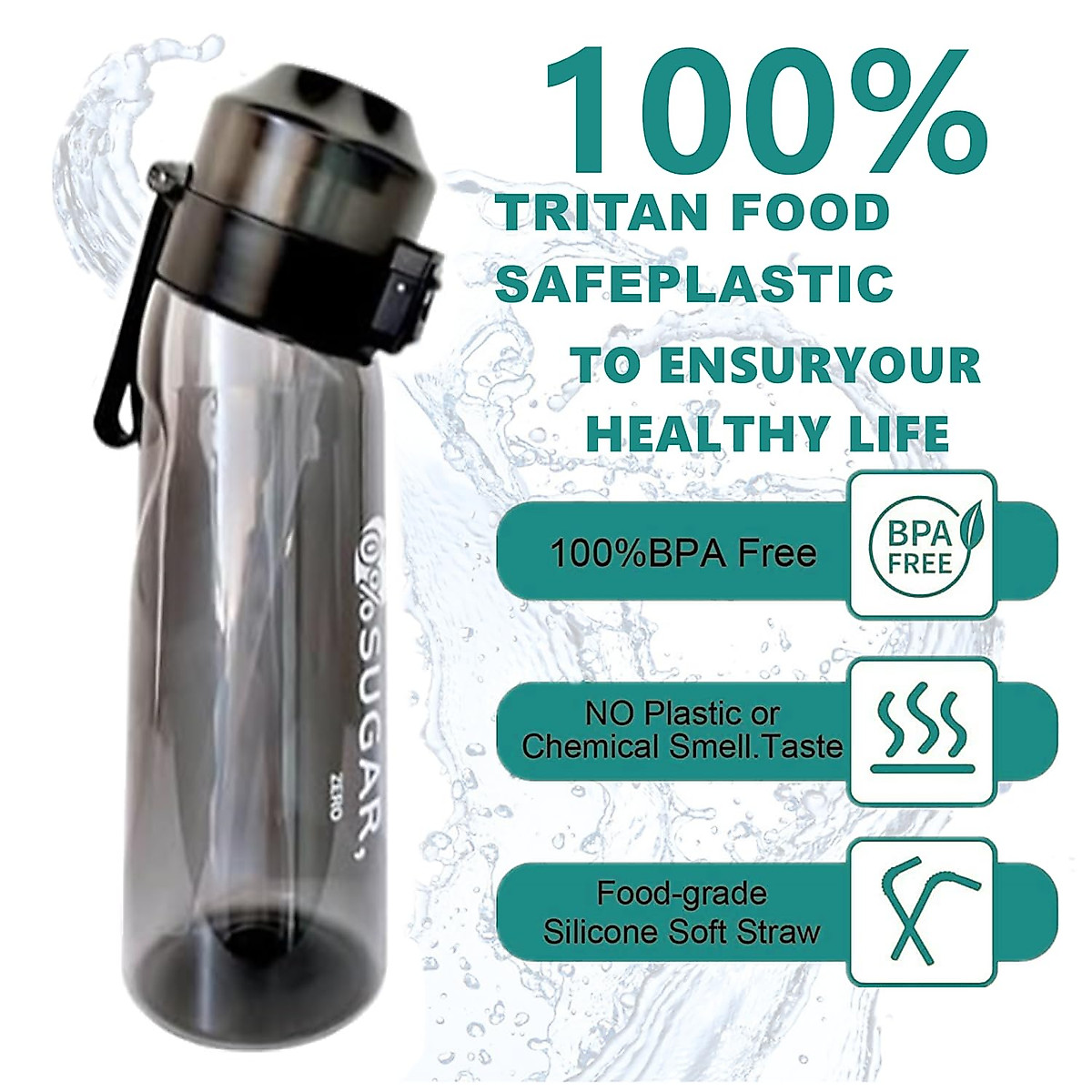Air Water Bottle with 7 Flavor Pods, 650ML Fruit Fragrance Water Bottle, 0% Sugar Water Cup BPA Free, Sports Water Cup Suitable for Gym and Outdoor Sports (Black)