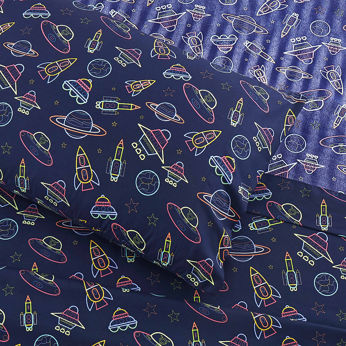 1500 Supreme Kids Bed Sheet Collection - Fun Colorful and Comfortable Boys and Girls Toddler Sheet Sets - Deep Pocket Wrinkle Free Soft and Cozy Bedding - Twin, Neon Spaceships