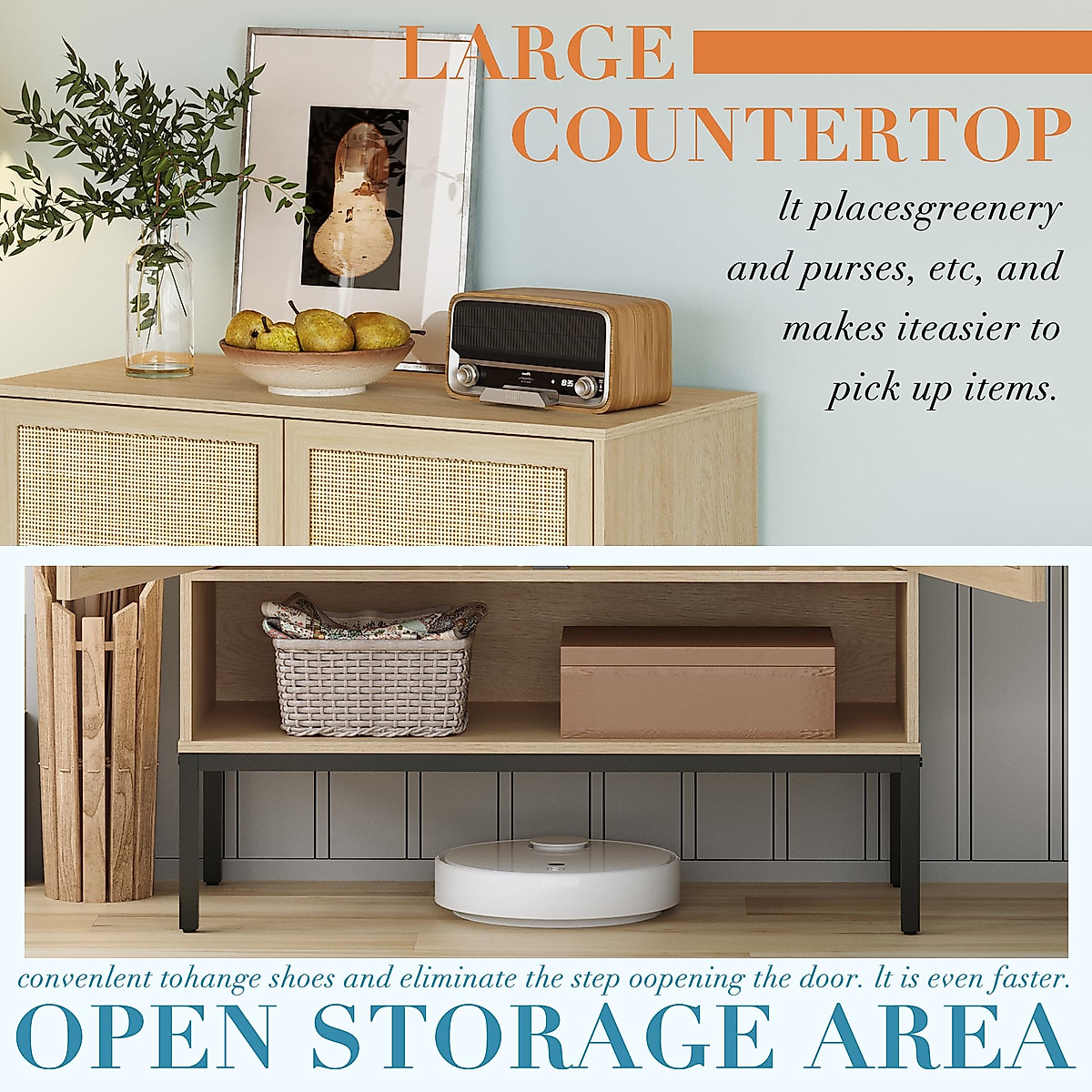 Brafab Shoe Storage Cabinet with Adjustable Shelf, 5 Tier Shoe Organizer with Natural Woven Rattan Doors, Shoe Rack with Opening Shelf for Hallway Entryway Living Room (Oak)