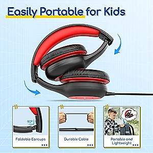 EarFun Kids Headphones Wired with Microphone, 85/94dB Volume Limit Portable Headphones for Kids with Shareport, Stereo Sound Foldable Headset for School/Tablet/iPad/Kindle, Black Red