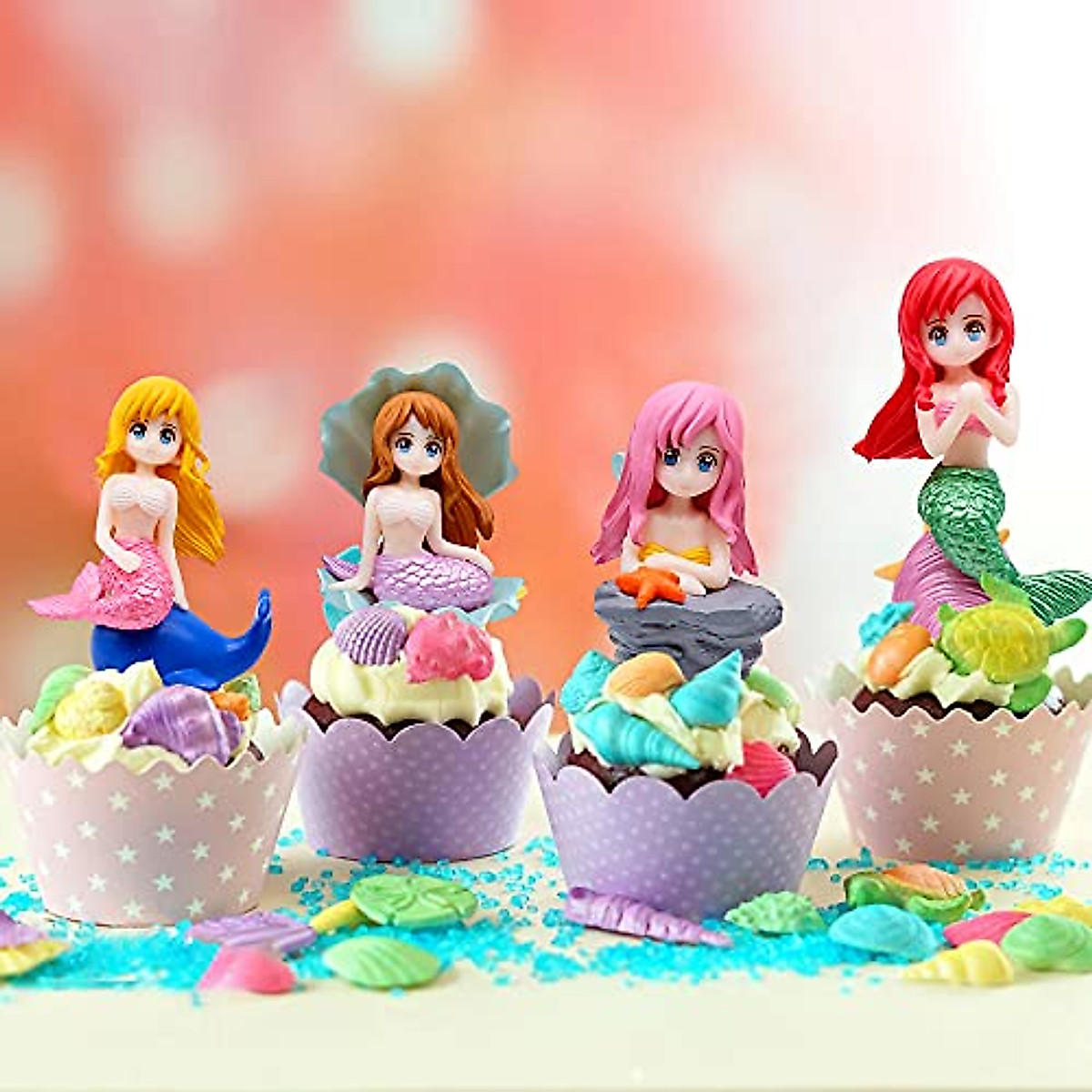 BLLREMIPSUR 4 PCS Mermaid Miniature Figurines, Mini Mermaid Doll Cake Toppers, Cute Mermaid DIY Ornaments for Fairy Garden, Terrarium, Dollhouse, Moss, Succulents Decorations