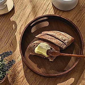 Walnut Wooden Round Serving Tray with Handle for Serve Beverages Tea Food on Storage Platters Natural Decorative Kitchen Living Room Coffee Home Dining Table 9.84 inch