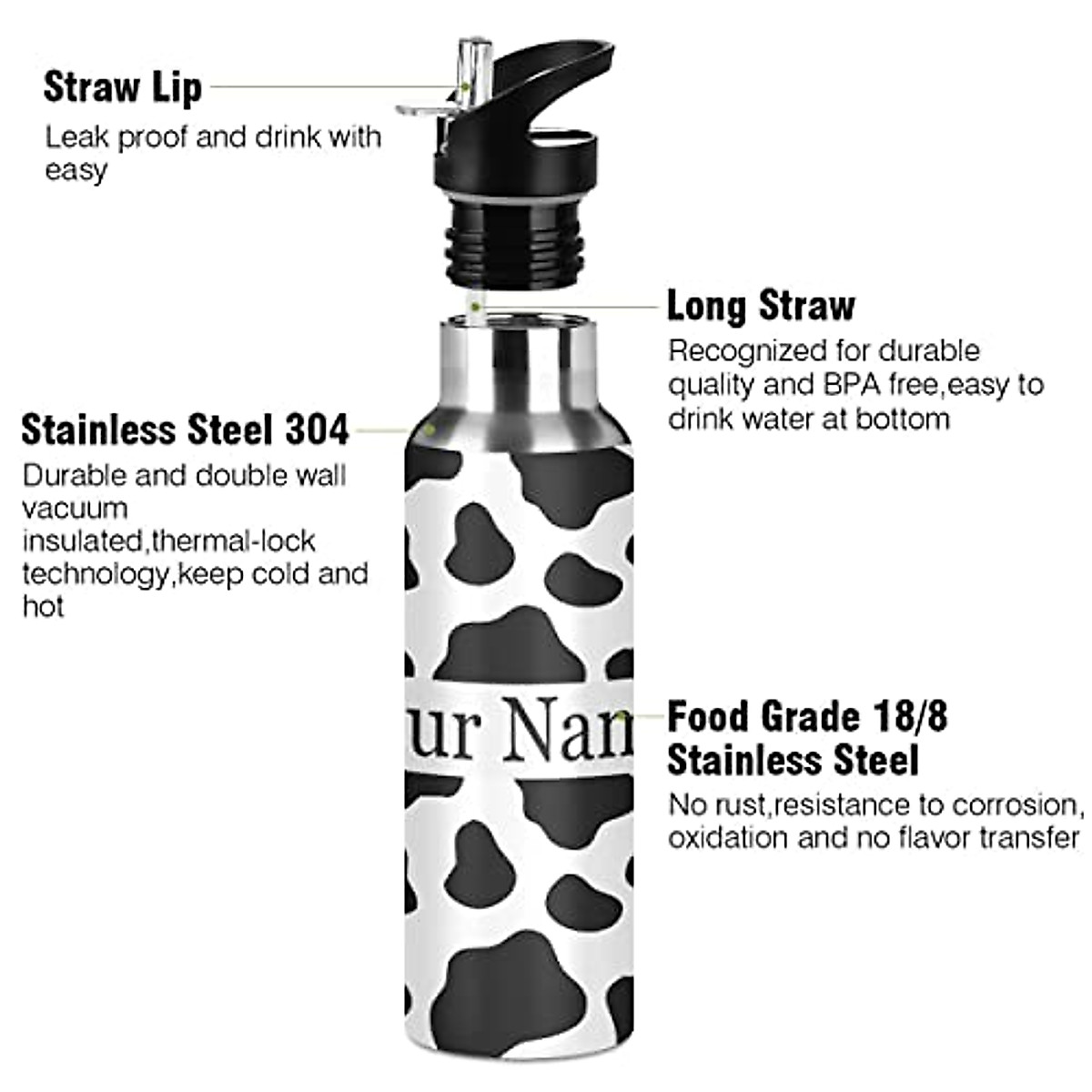 Custom Water Bottle Black and White Cow Print Stainless Steel Vacuum with Name Personalized Name Insulated Sport Bottle with Wide Handle