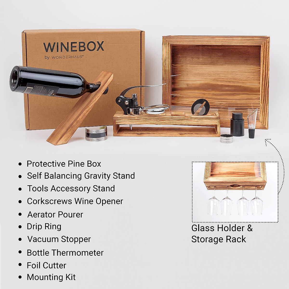 Wine Display Holder and Supplies Set - Housewarming Gifts for Women Who Have Everything, Home Buyer Closing Gift from Realtor, New House Essentials - Rack, Stopper, Corkscrew and More Accessories