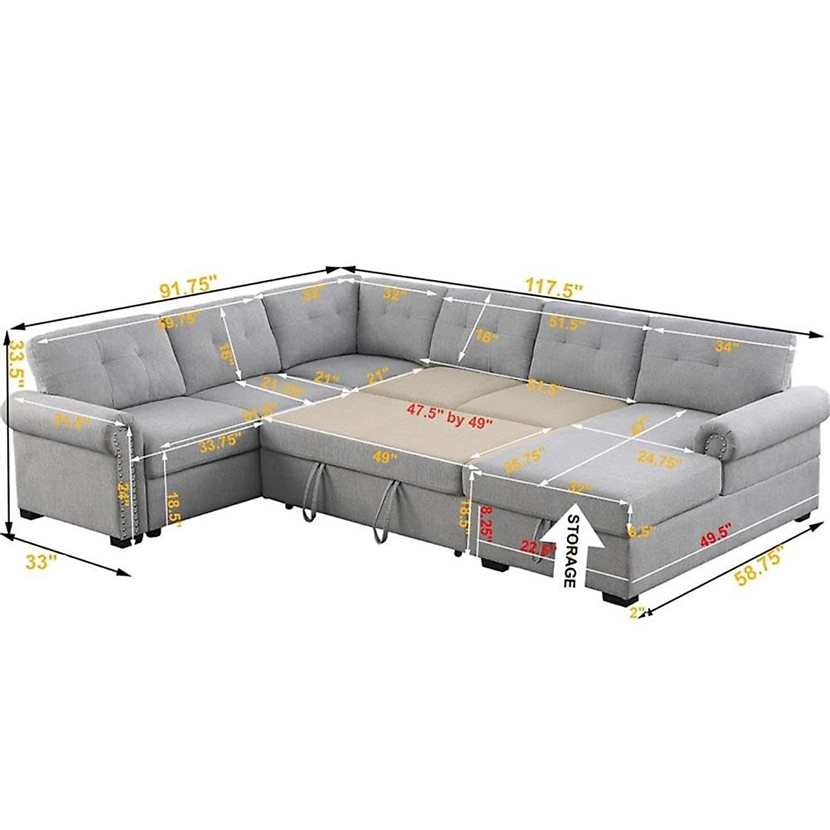 Sleeper Sofa with Pull Out Couch 6 Seater Modular Sectional Sleeper Sofa Bed with Storage Chaise, Fabric Sofa Sleeper Couch with Pullout Bed