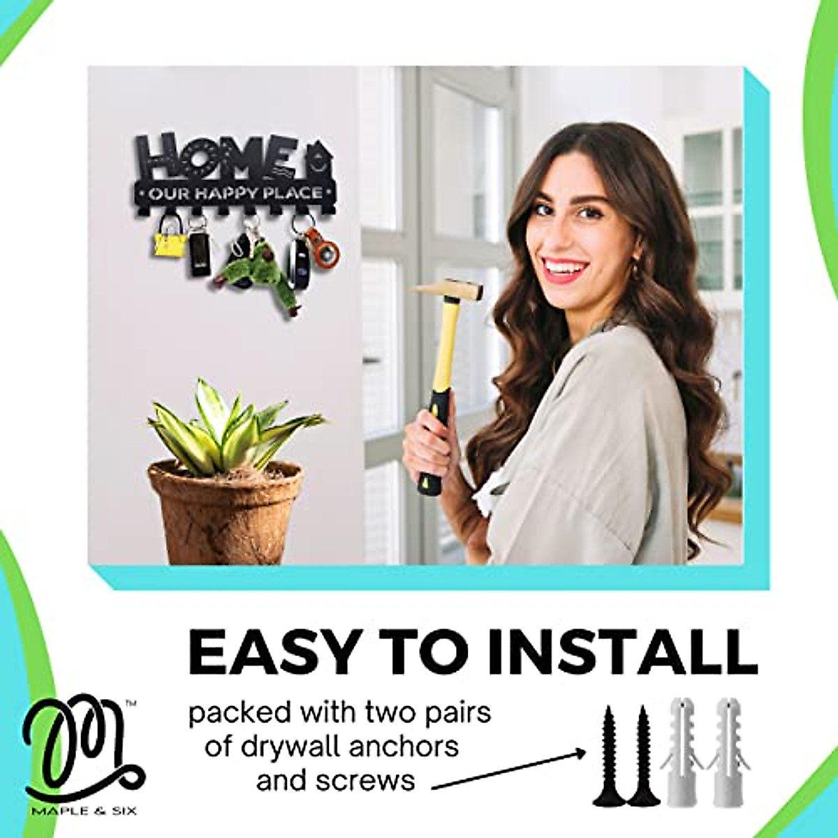 Decorative Key Holder for Wall | Maple & Six - Wall Mounted Key Holder with 8 Hooks |Keyring Organizer| Black | 12 x 4.5 x 1 Inches (Home- Our Happy Place)