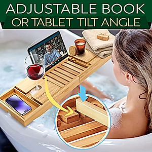 SereneLife Luxury Bamboo Bathtub Caddy Tray - Adjustable Natural Wood Bath Tub Organizer with Wine Holder, Cup Placement, Soap Dish, Book Space & Phone Slot for Spa, Bathroom & Shower SLBCAD20