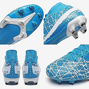 lozoye Soccer Cleats Mens Womens Football Shoes for Kids Big Boys Grils FG High Ankle Football Boots Wide Soccer Training Sneakers (Blue White,42)