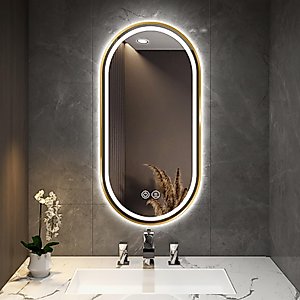 GQJNHUI Oval LED Bathroom Mirror, Metal Frame LED Illuminated Makeup Vanity Mirror, Wall Mirror, 3 Color Temperature, Dimmable, Anti-Fog, Memory Function, IP44 (Color : Gold, Size : 40x80CM)