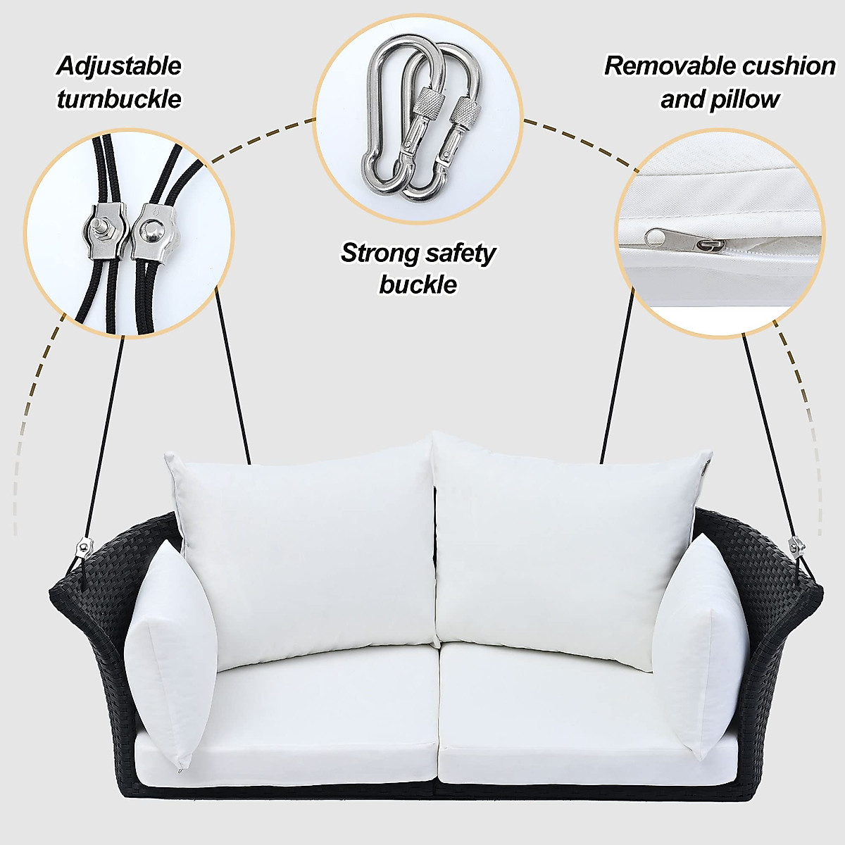 Outdoor Patio Wicker Porch Swings, 51.9" Wide 2 Person Hanging Chair Loveseat with Black Woven Rattan and White Cushions