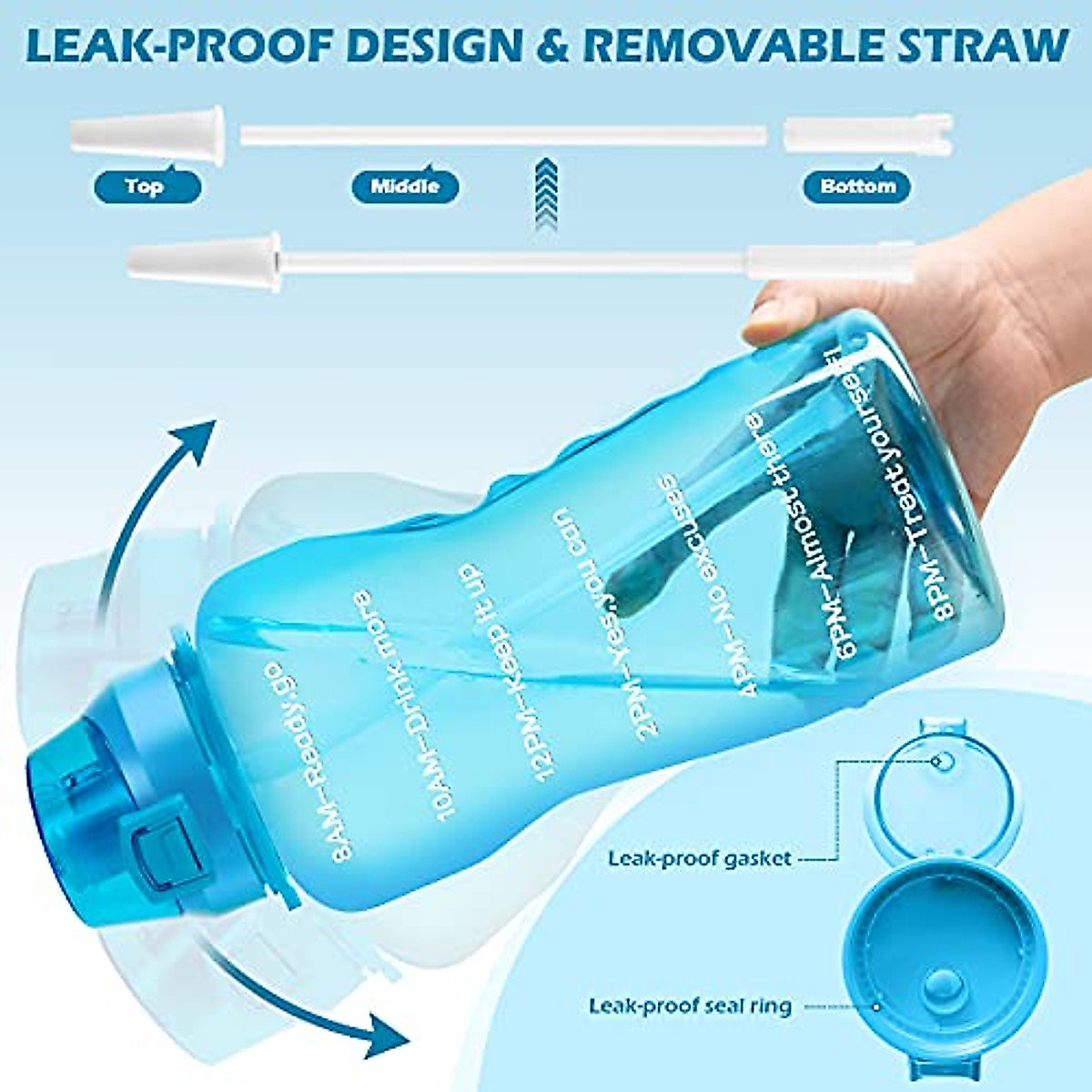 4AMinLA 128oz Motivational Gallon Water Bottle with Time Marker & Straw, Large Capacity Leakproof BPA Free Fitness Sports Water Jug (light blue)