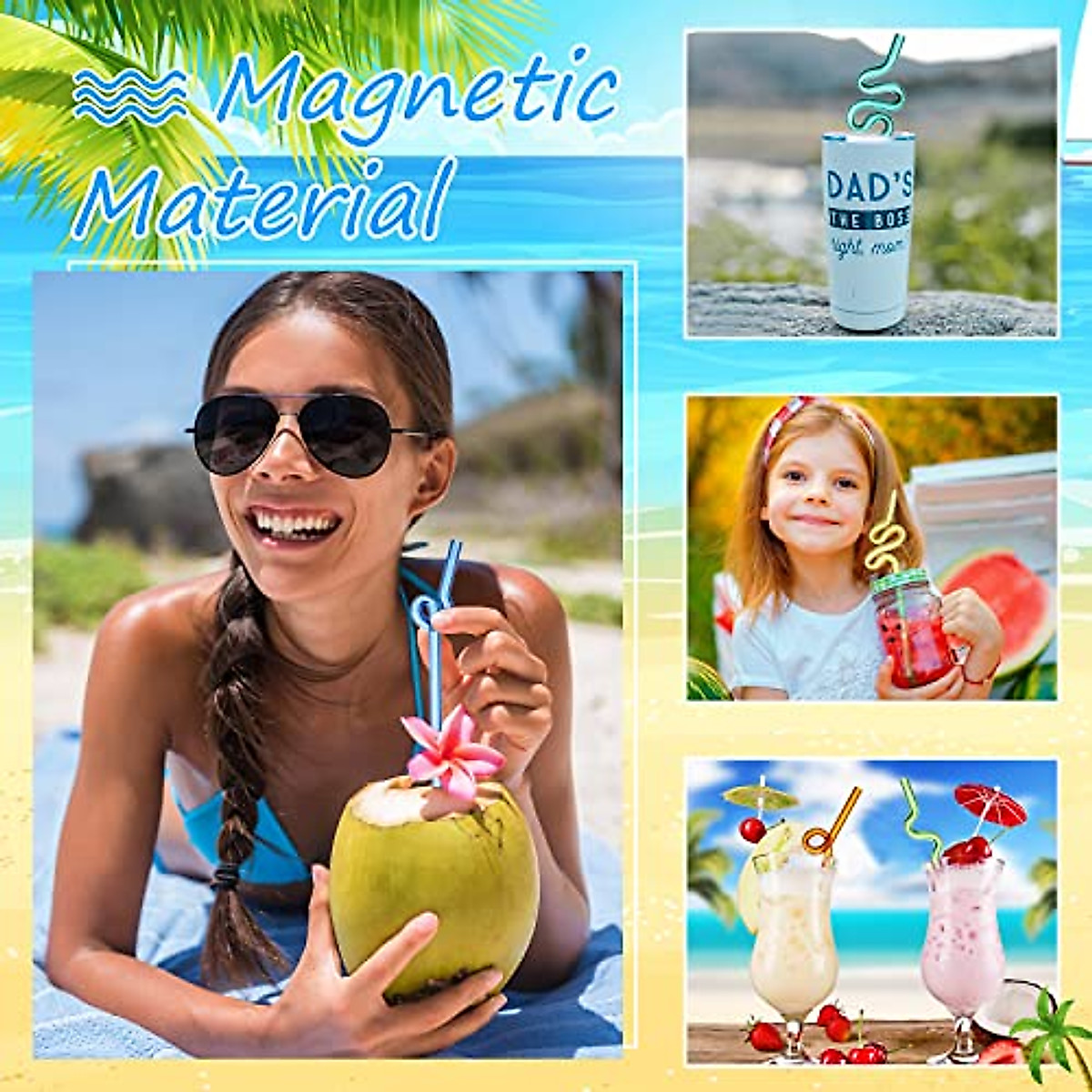 Yinkin 6 Pcs Wavy Glass Straws Reusable Curved Straw Shatter Resistant with 2 Cleaning Brushes Clear Silly High Borosilicate for Kids Adults Smoothies Juice (Colorful, 8 Inch)