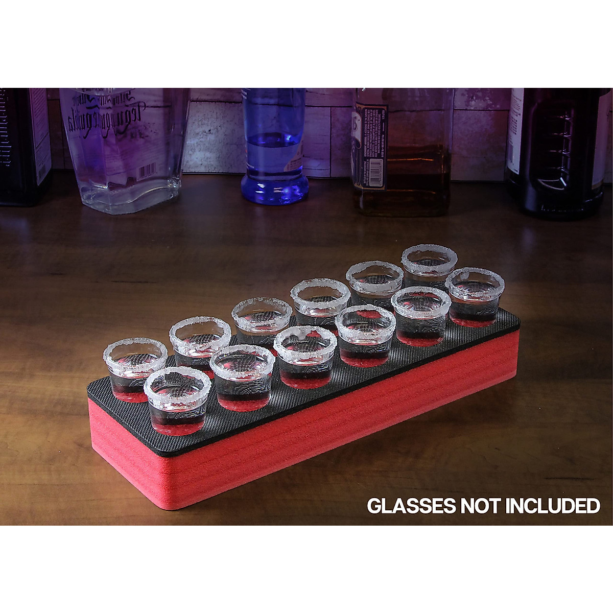 Polar Whale 2 Shot Glass Holders Organizer Modern Tray for Home Kitchen Bar or Club Party Durable Red and Black Durable Foam Serving Rack 14.5 Inches Wide Each Holds 12 Shots