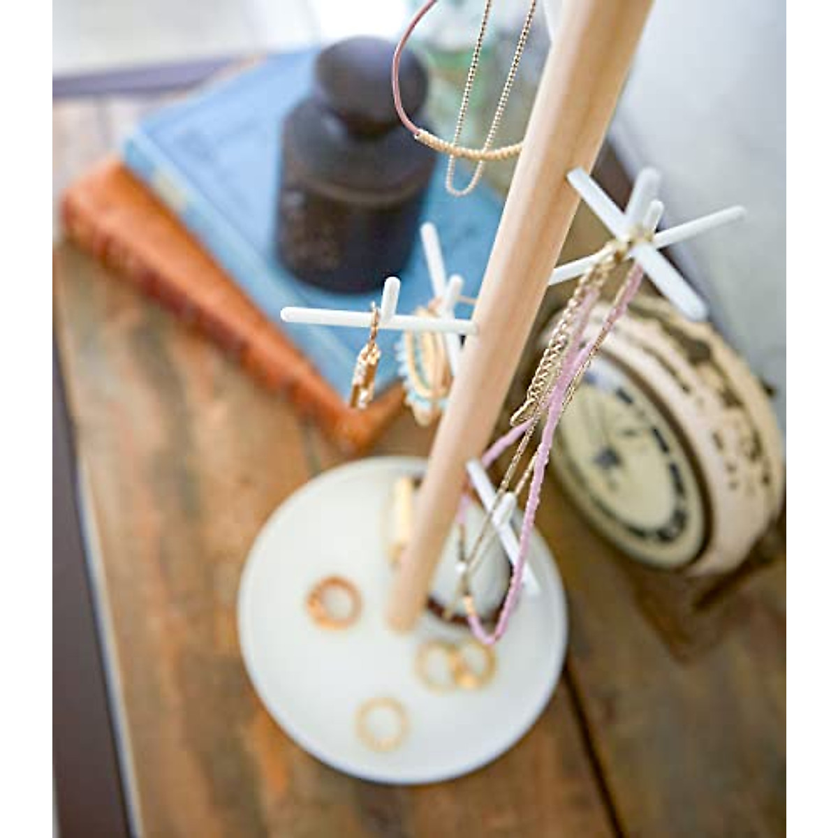 YAMAZAKI Home Tosca Accessory Tree - Jewelry Organizer Stand With Tray - Steel + Wood,White