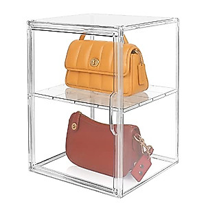 Cutora Clear Handbag Display Case for Closet, Large 2 Layers Plastic Acrylic Purse Storage Organizers, Anti Dust Luxury Stackable Bag Container Box with Magnetic Door for Clutch Cosmetics Makeup