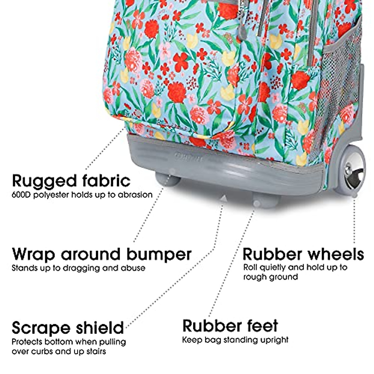J World New York Sundance Rolling Backpack Girl Boy Roller Bookbag, Flora, 20 Inch
