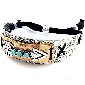Western Peak Western Tritone Hammered Plate Arrow Turquoise Leather Cuff Bracelet Silver (White)