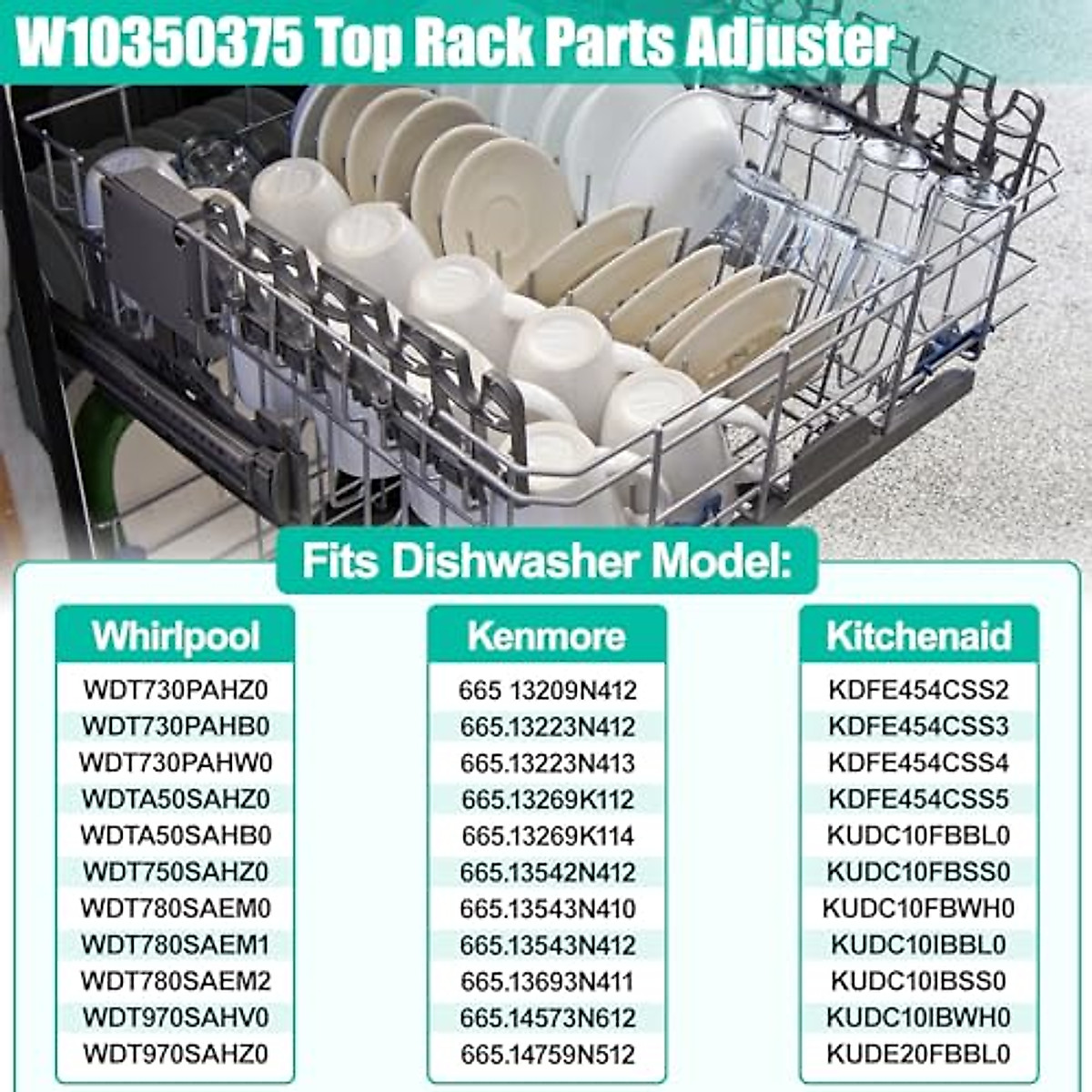 UPGRADED W10350375 Dishwasher Top Rack Adjuster Parts Replacement for Whirlpool Dishwasher Parts WDT730PAHZ0 WDT750SAHZ0 WDTA50SAHZ0 WDT970SAHZ0 Upper Rack Parts,Fits Kenmore Dishwasher Top Rack Parts