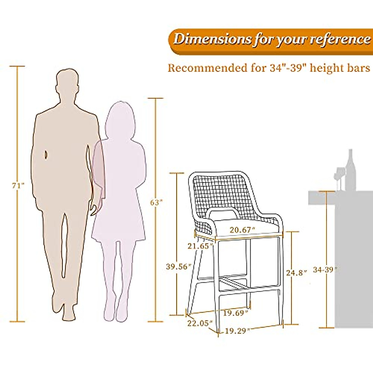 PURPLE LEAF Outdoor Counter Height Bar Stool Chair Set of 2 Modern Bar Stool Chairs Patio Metal Stools with Backrest and Arm, Cushions Included