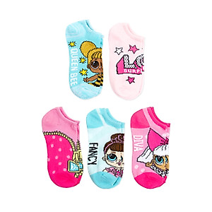 L.O.L. Surprise! Girls' Big 5 Pack No Show, Blue Aqua/Hot Pink, Fits Sock Size 9-11 Fits Shoe Size 4-10.5
