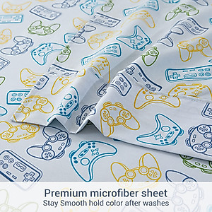 Viviland Kids Twin Sheet Set - Boys Game Twin Sheet Set - Kids Boys Twin Microfiber Fitted Sheet (15" deep Pocket) Flat Sheet - Light Grey Game Paddle Controller Printed