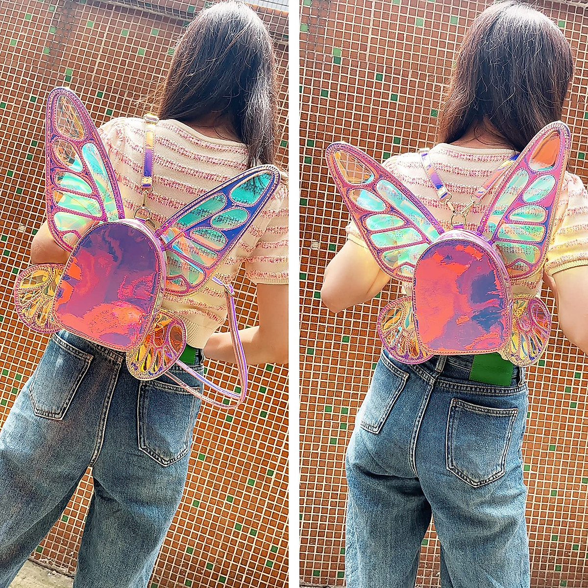 ENJOININ Women's Laser Holographic Backpack Butterfly Angel Wings Casual Daypack Shoulder bag for Young Girls (Laser Pink)