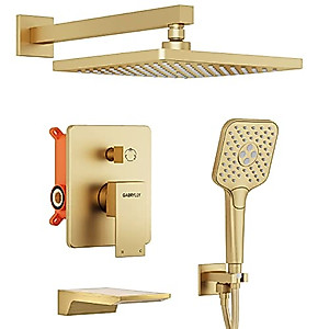 Gabrylly Shower System with Tub Spout, Wall Mounted Shower Faucet Set for Bathroom with High Pressure 10" Rain Shower head and 3-Setting Handheld Shower Head Set,Brushed Gold