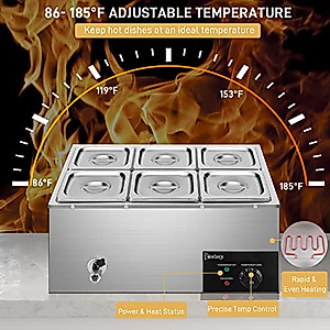 Winado 110V 6-Pan Commercial Food Warmer, 19QT Electric Steam Table 6 Inch Deep, 1200W Countertop Stainless Steel Food Soup Buffet w/Temperature Control & Lid for Catering, Restaurant, Party