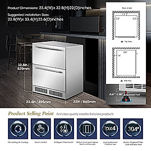 Vesgold 24 inch wide drawer refrigerator, built-in wine and beverage refrigerator under the counter, weatherproof, indoor and outdoor refrigerators, all-stainless steel cooler.