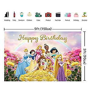 BWW Princess Happy Birthday Backdrop Colorful Rainbow Flowers Photo Backdrop Fairy Tale Little Girl Princess Birthday Party Background Multicolor Glitter Photography Background 5x3ft