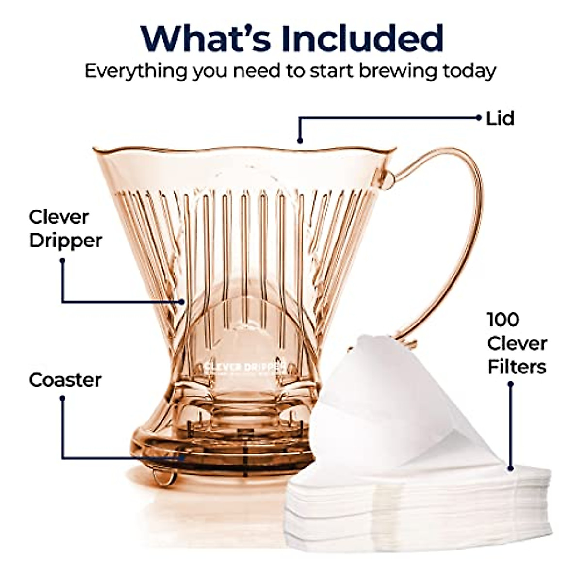 Clever Coffee Dripper and Filters, Large 18 oz, Original Classic Design, Safe BPA Free Plastic, Clever dripper coffee maker, drip coffee maker pour over, Immersion Dripper, Manual Coffee Maker, Includes 100 filters, coaster and lid 18 oz (Java)