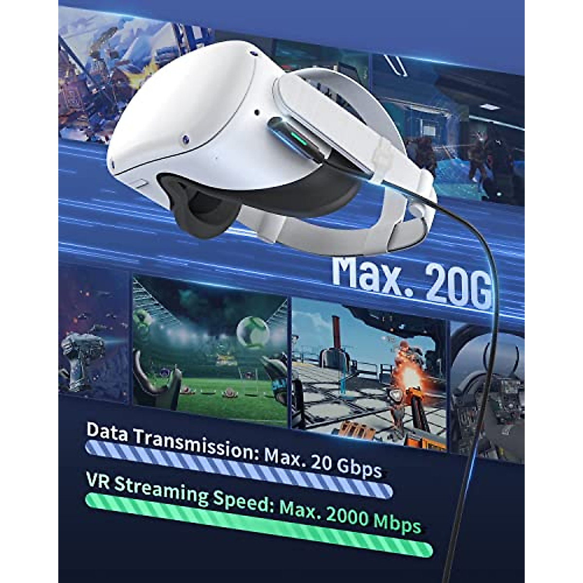 ZYBER Link Cable 16 FT for Meta Quest 2 Quest Pro Pico 4,VR Headset Link Cable for Oculus Quest 2/1 Gaming PC, High Speed USB 3.0 to USB C Cable for PC VR and Steam VR, Black