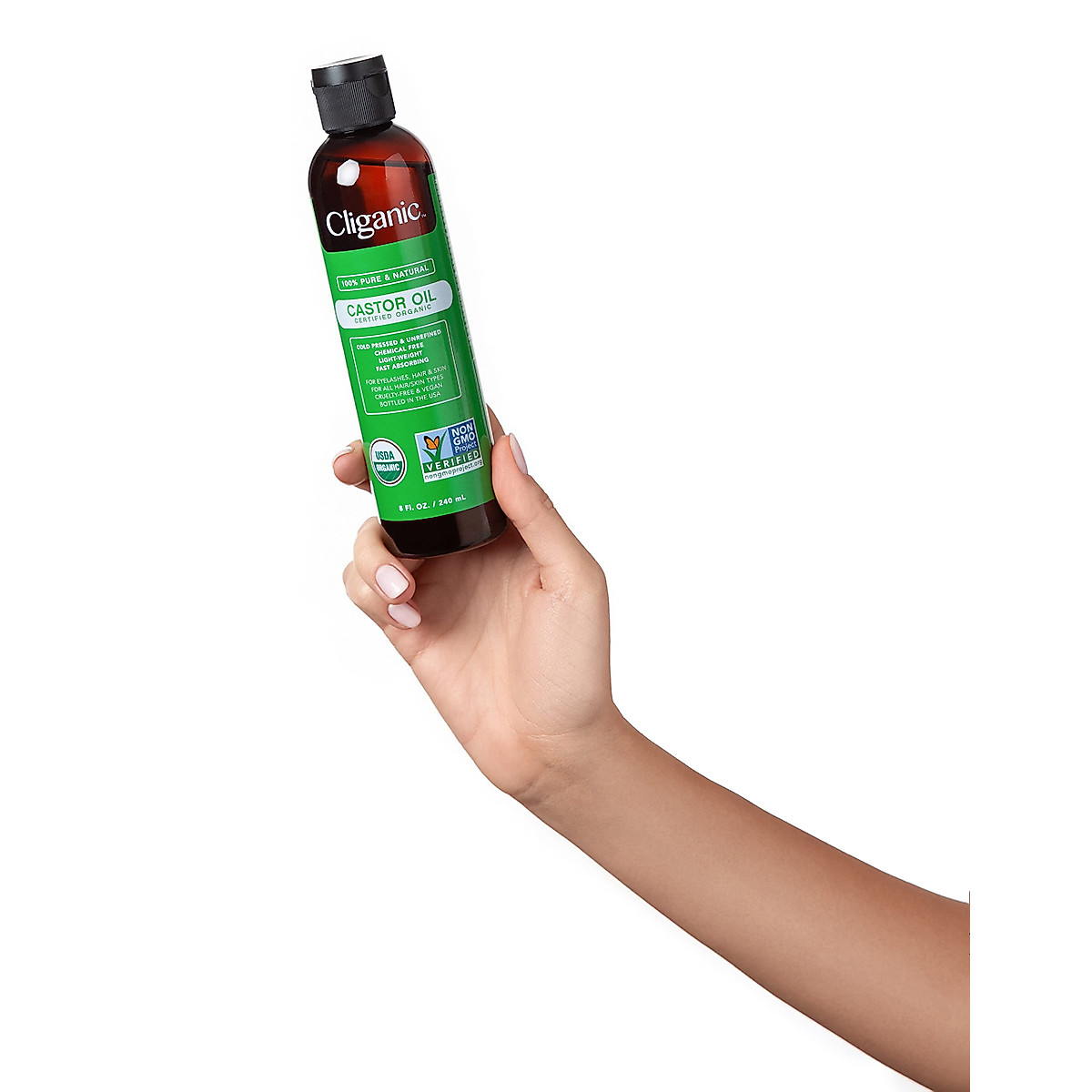 Cliganic USDA Organic Castor Oil, 100% Pure (8oz with Eyelash Kit) - For Eyelashes, Eyebrows, Hair & Skin | Natural Cold Pressed Unrefined Hexane-Free