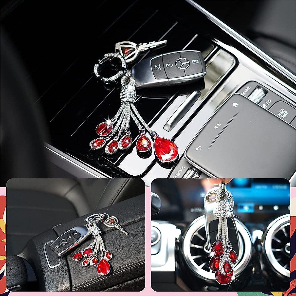 Bling Crystal Car Keychain for Women, Keychain Accessories With Rhinestones, Fashionable Car Key Chain for Car Keys Fit BMW Honda Audi Lexus Ford Mercedes Benz Nissan Cadillac Toyota (2 Red)