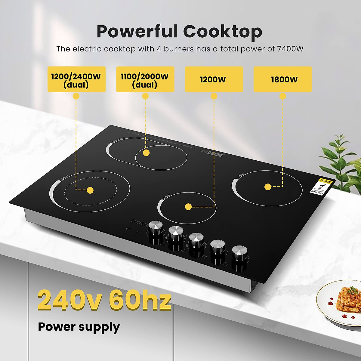 VIVOHOME 29 Inch 4 Burner 7400W Electric Radiant Cooktop with 5 Heating Level and 90-min Timer, Black