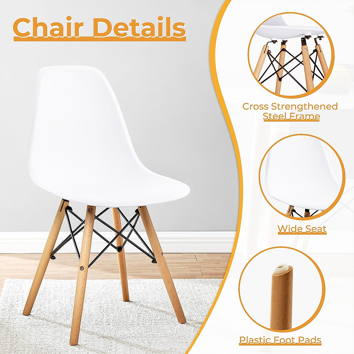 Furniwell Pre Assembled Modern Style Dining Chair Mid Century Modern DSW, Indoor Plastic Shell Lounge Plastic Chairs Side Chairs Set of 4 (White)