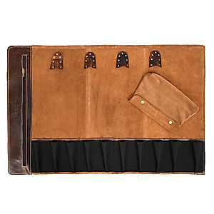 Aaron Leather Goods Vendimia Estilo Leather Knife Roll Storage Bag, Elastic and Expandable 10 Pockets, Adjustable/Detachable Shoulder Strap, Travel-Friendly Chef Knife Case Roll (Caramel, Leather)
