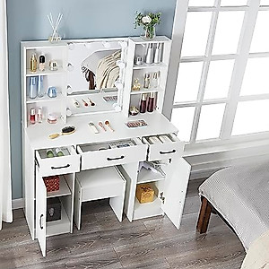 Large Vanity, Vanity Desk with Mirror & Lights,White Vanity Set Makeup Table with 3 Drawer & 3 Level Storage Dresser,2 Cabinets,Bedroom Dressing Table