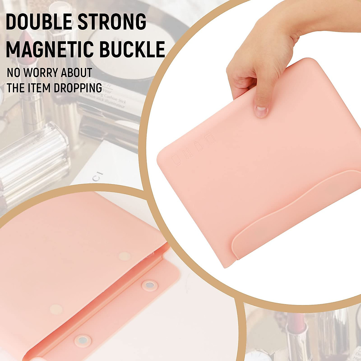 HiBidder Silicone Makeup Bag, Slim Toiletry Cosmetic Bag for Travel, Flat Makeup Bag with Double Magnetic Buckle Flap for Makeup Tools Organizer