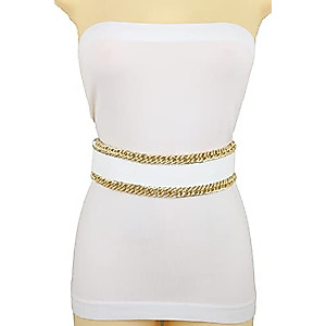 Women White Wide Fashion Belt - Elastic Waistband Gold Metal Chain Links Size S, Silver, One Size