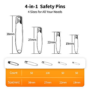 Officepal Premium Quality 4-Size Pack of Safety Pins- Top 250-Count – Durable, Rust-Resistant Nickel Plated Steel Set- Best Sewing Accessories Kit for Baby Clothing, Crafts, Arts (4-Size in 1 No.002)
