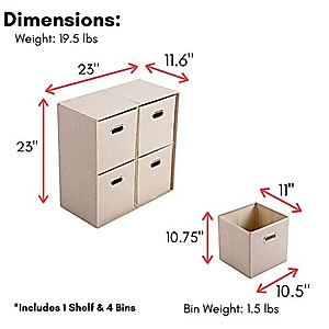 BIRDROCK HOME Cream Linen Cube Organizer Shelf with 4 Storage Bins – Strong Durable Foldable Shelf – Kid Toy Clothes Towels Cubby – Collapsible Bedroom Fabric Shelves and Cubes