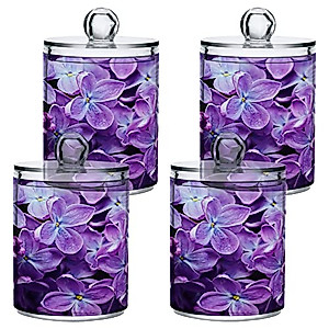 Kigai 2PCS Spring Lilac Purple Floral Qtip Holder Dispenser with Lids - 14 oz Bathroom Storage Organizer Set, Clear Apothecary Jars Food Storage Containers, for Tea, Coffee, Cotton Ball, Floss