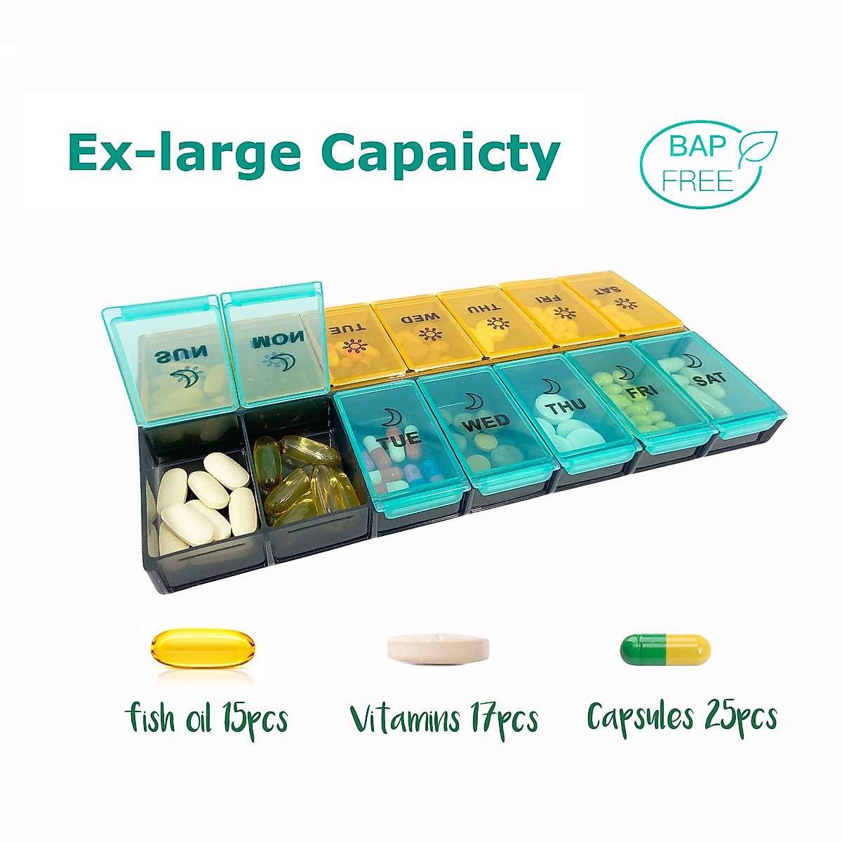 Mossime XL Large Daily Pill Organizer 2 Times a Day, Extra 7 Day Pill Box Am Pm, Weekly Day Night Vitamin Holder, Medicine Organizer, Big Pill Container, Medication Dispenser 14 Compartments