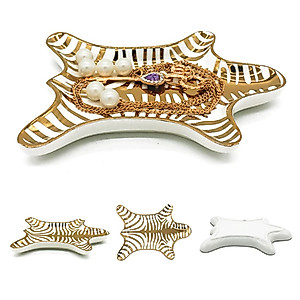 NUYKOUY Zebra Stripe Jewelry Tray Ceramic Dishes Plate Gilded 5.9", Gold