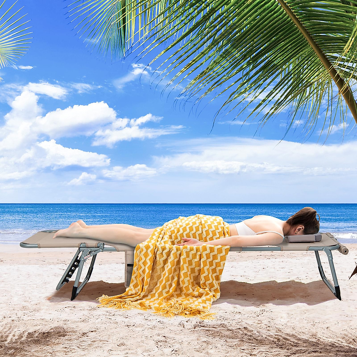 Tangkula Beach Lounge Chair, Outdoor Folding Tanning Chair with Face/Arm Hole, 2 Carry Handle, Pillow, Adjustable Backrest, 400 LBS Face Down Sunbathing Chair for Outside Beach Poolside