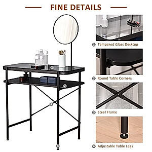 HOMCOM Modern Glasstop Vanity Table with Mirror, Makeup Dressing Table with Rotating Round Mirror, Shelves for Perfumes, Cosmetics, Lotions, Black