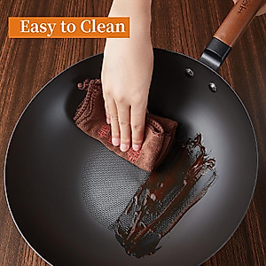 WANGYUANJI Iron Wok 12.6 inches,Wooden Handle Chinese Iron Pot Carbon Steel Wok Non-Coated Stir Fry Pan,Suitable for Home Cooking, Compatible with Induction, Gas, and Electric Ceramic Cooktops